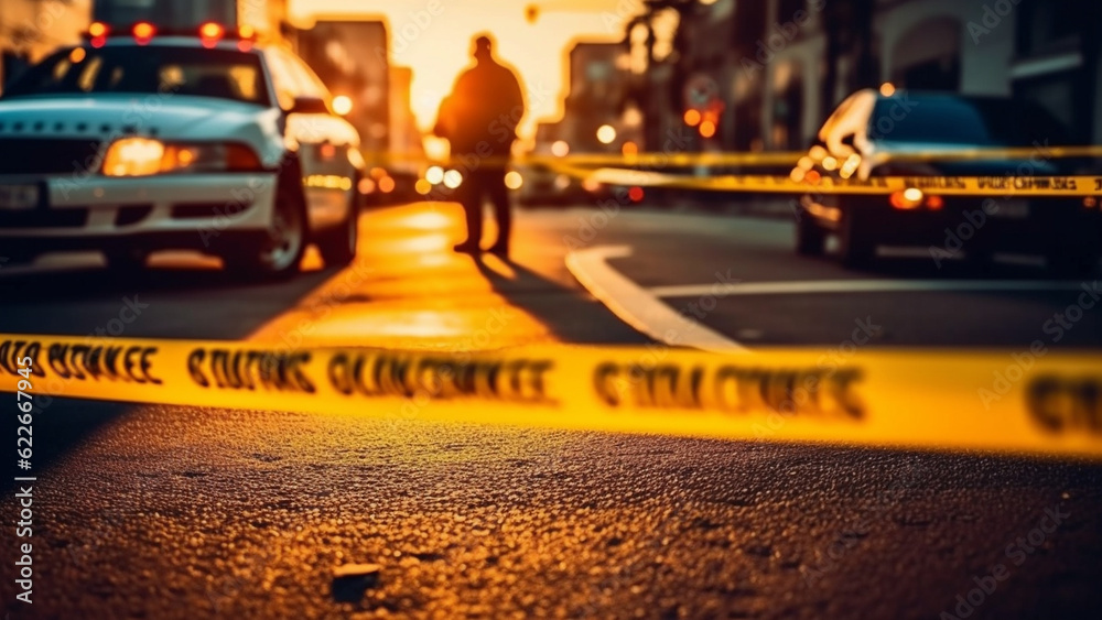 Crime scene tape in the foreground with a blurred police car in the ...