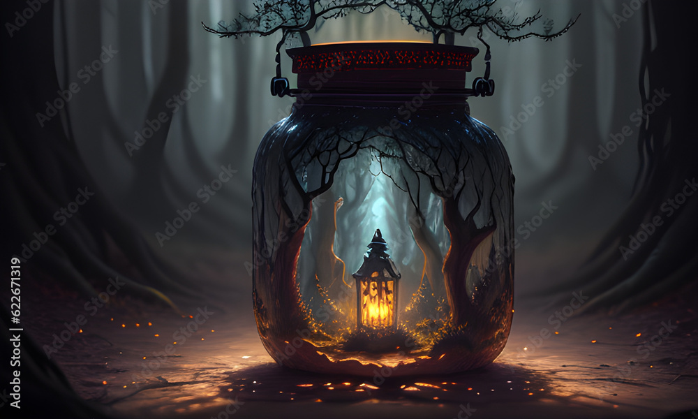 old magical horror forest in big glass bottle in the dark background ...