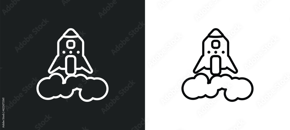 space rocket launch outline icon in white and black colors. space ...
