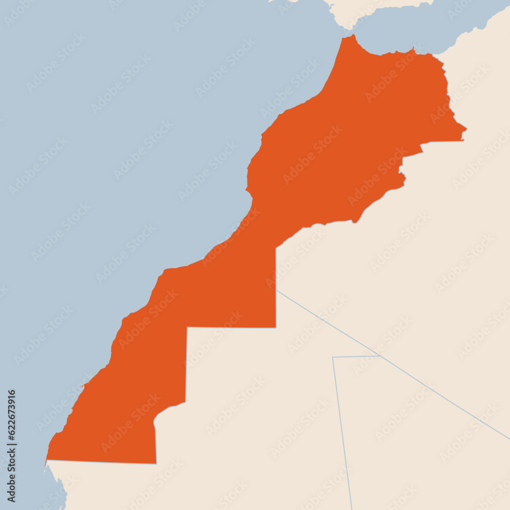 Map of the country of Morocco highlighted in orange isolated on a beige ...