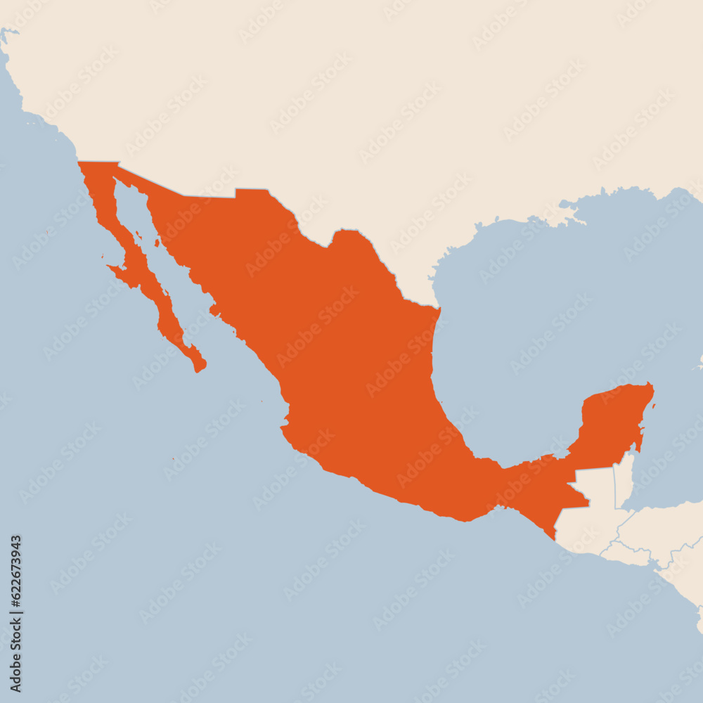 Map of the country of Mexico highlighted in orange isolated on a beige ...