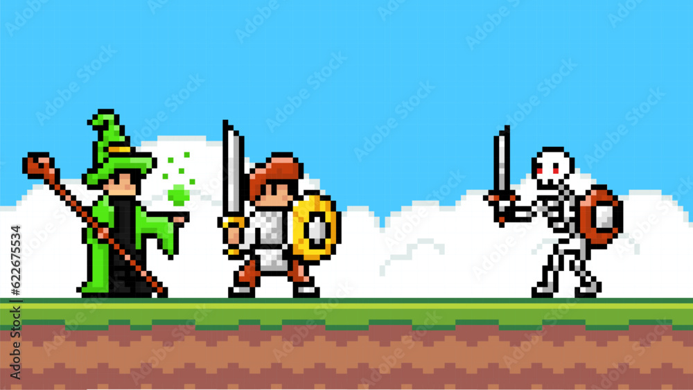 Pixel game interface. 80s graphic. Pixalated wizard and knight fighting ...