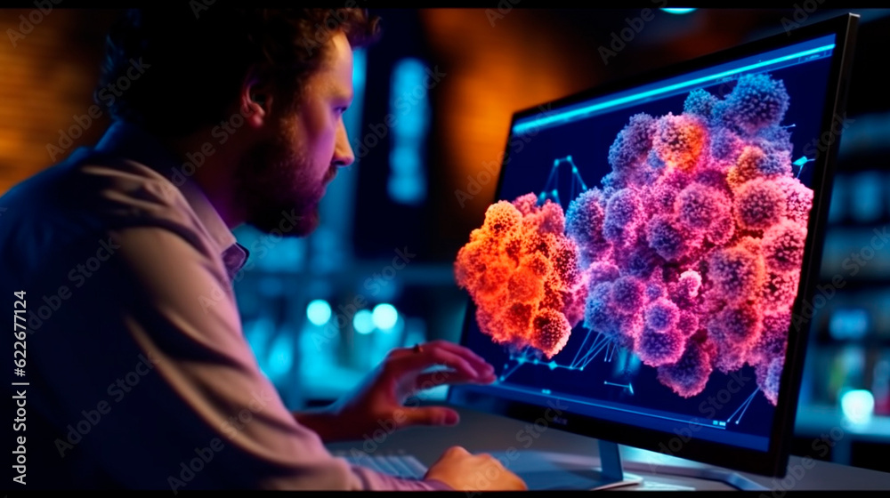 Researcher Investigating Protein Structure with 3D Model. Generative AI ...