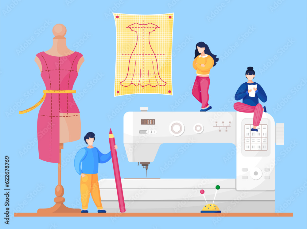 Sewing workshop with designers at sewing machine background. Sewers ...