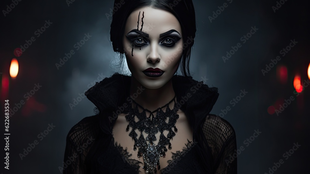 Beautiful woman with dark Halloween makeup and a vampire costume. Scary ...