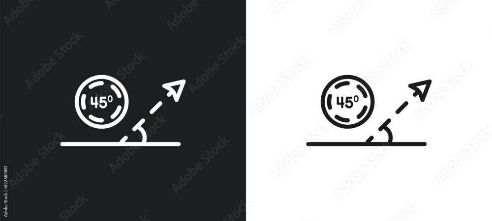 acute angle of 45 degrees outline icon in white and black colors. acute ...
