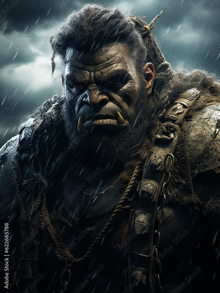 Portrait of a male orc ogre with medieval armor and stormy background ...
