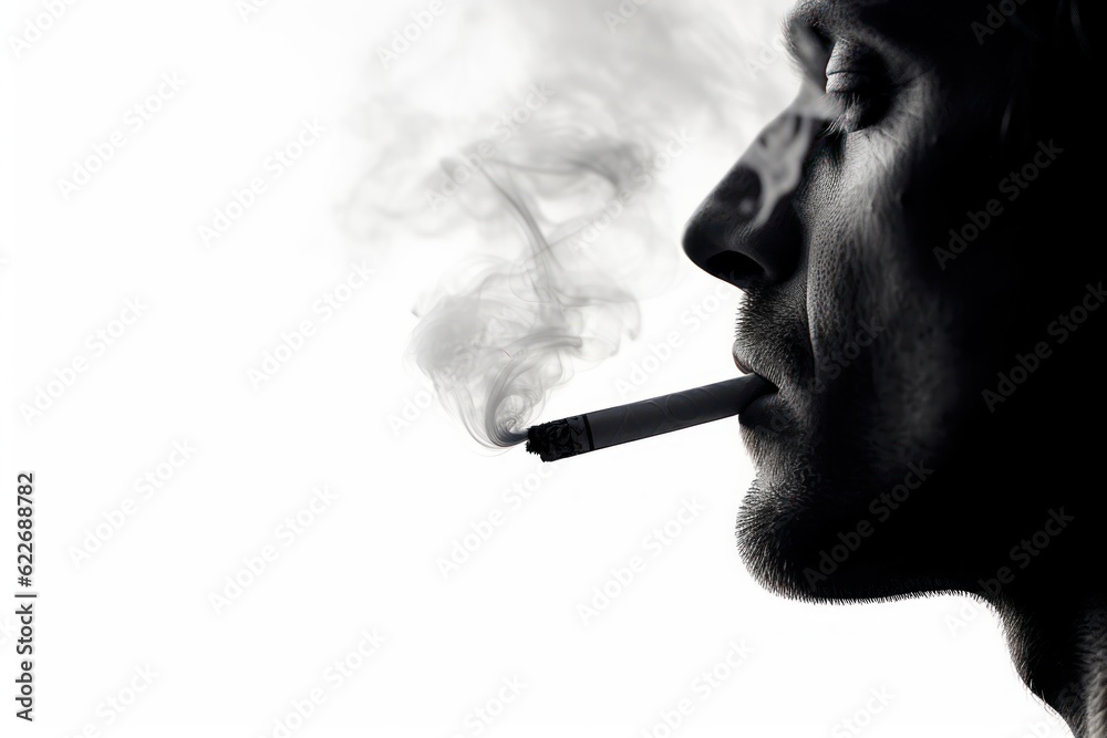 a silhouette of a smoking mature man smoking cigarette. burning ...
