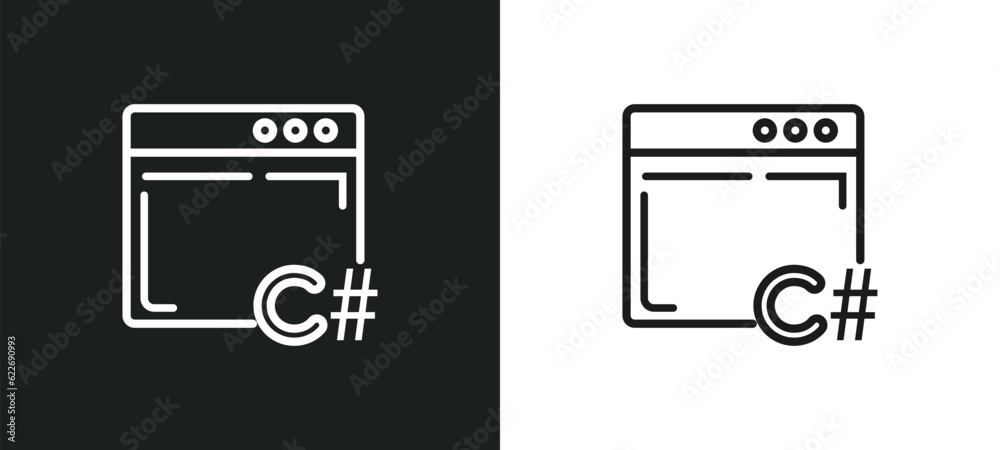 c sharp outline icon in white and black colors. c sharp flat vector ...