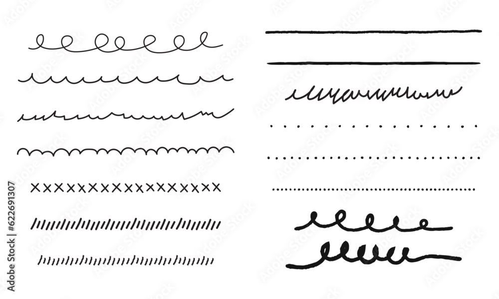 Set of hand drawn vector line border. underline pencil strokes, wavy ...