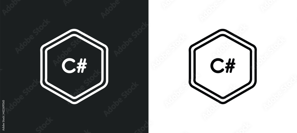 c sharp outline icon in white and black colors. c sharp flat vector ...