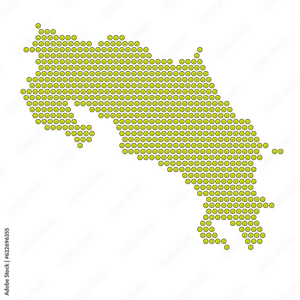 Map of the country of Costa Rica with a sad smiley emoticon icon ...