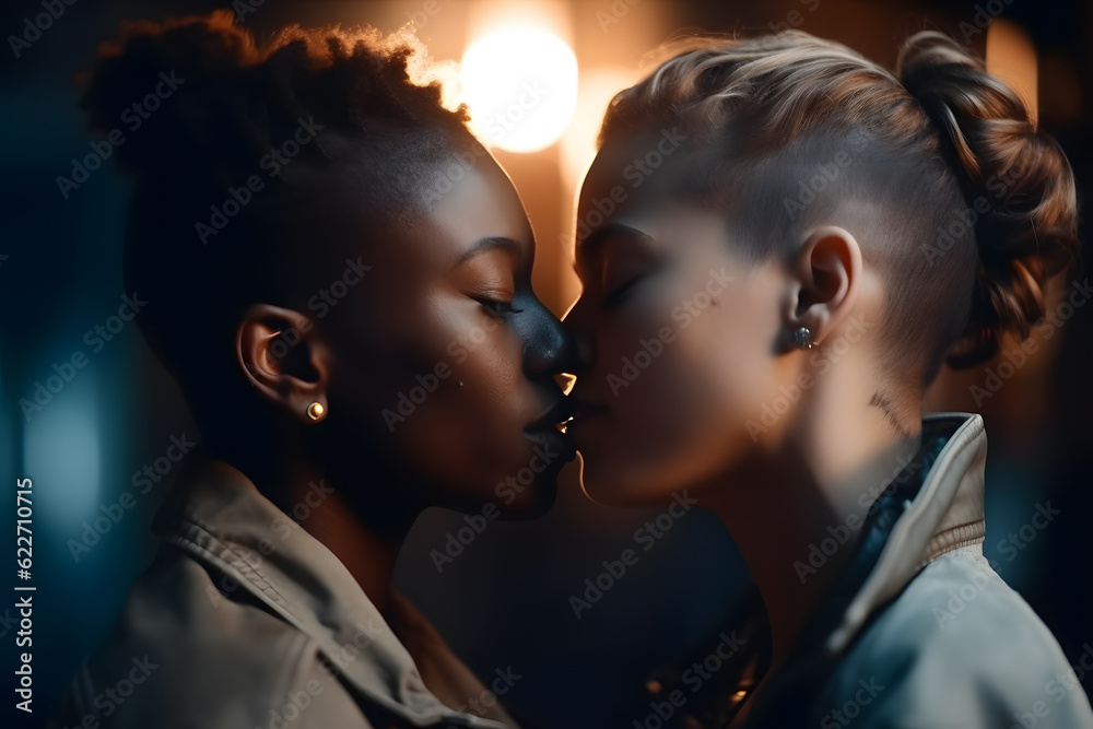 Beautiful young lesbian couple kissing passionately. Generative AI Stock Illustration | Adobe Stock