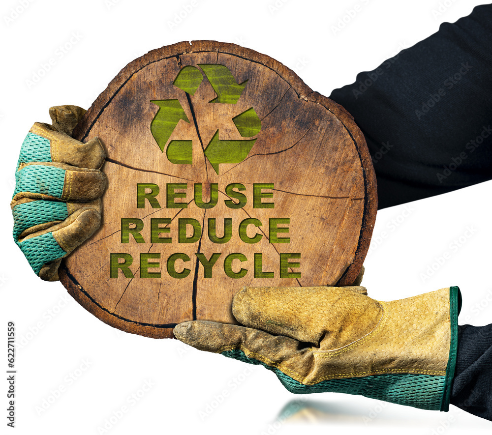 Gloved hands holding a cross section of a tree trunk with a recycle symbol and Text Reuse ...