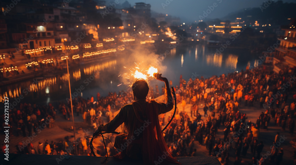 High - angle shot of a Hindu priest performing a Ganga Aarti ritual on ...