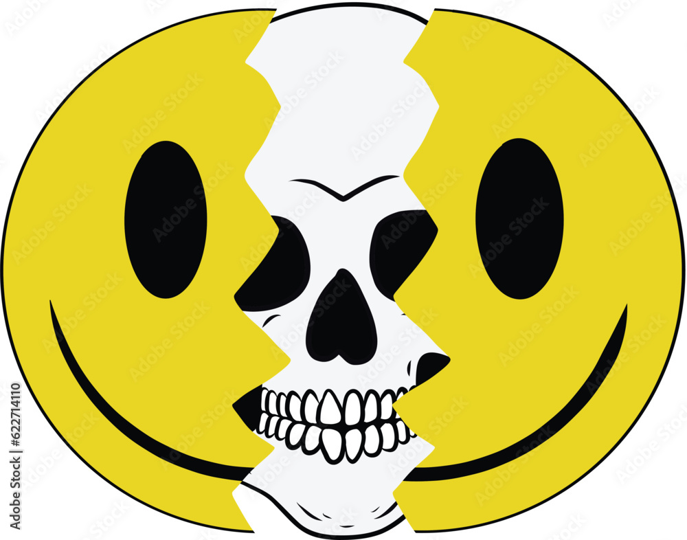 Vetor de Two half of smile face with skull inside. Vector hand drawn ...