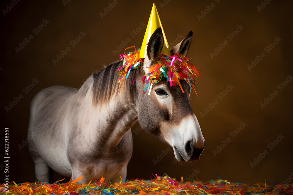 Funny and friendly cute donkey or mule wearing a birthday party hat in ...