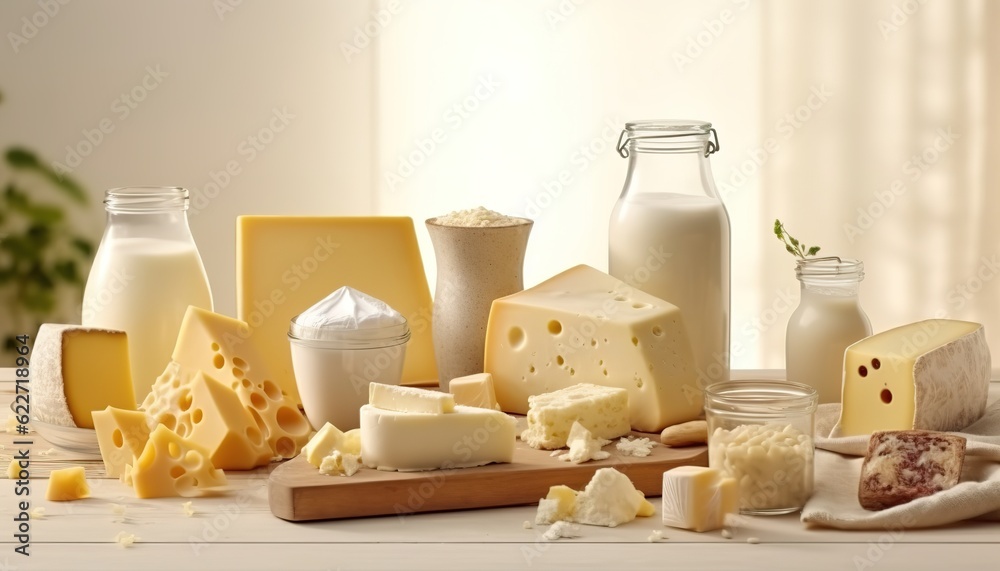 Front view of various kinds of dairy products like a milk jug, yogurt ...