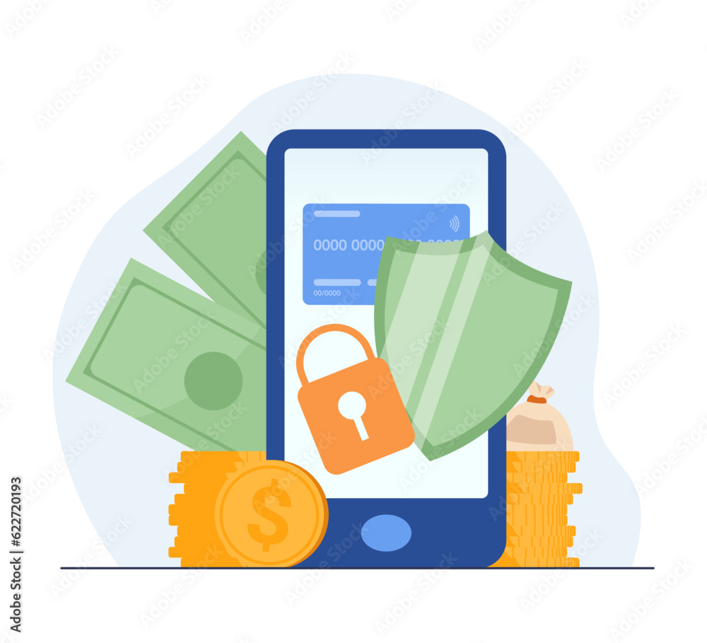 Smartphone with shield, lock and money vector illustration. Drawing of ...