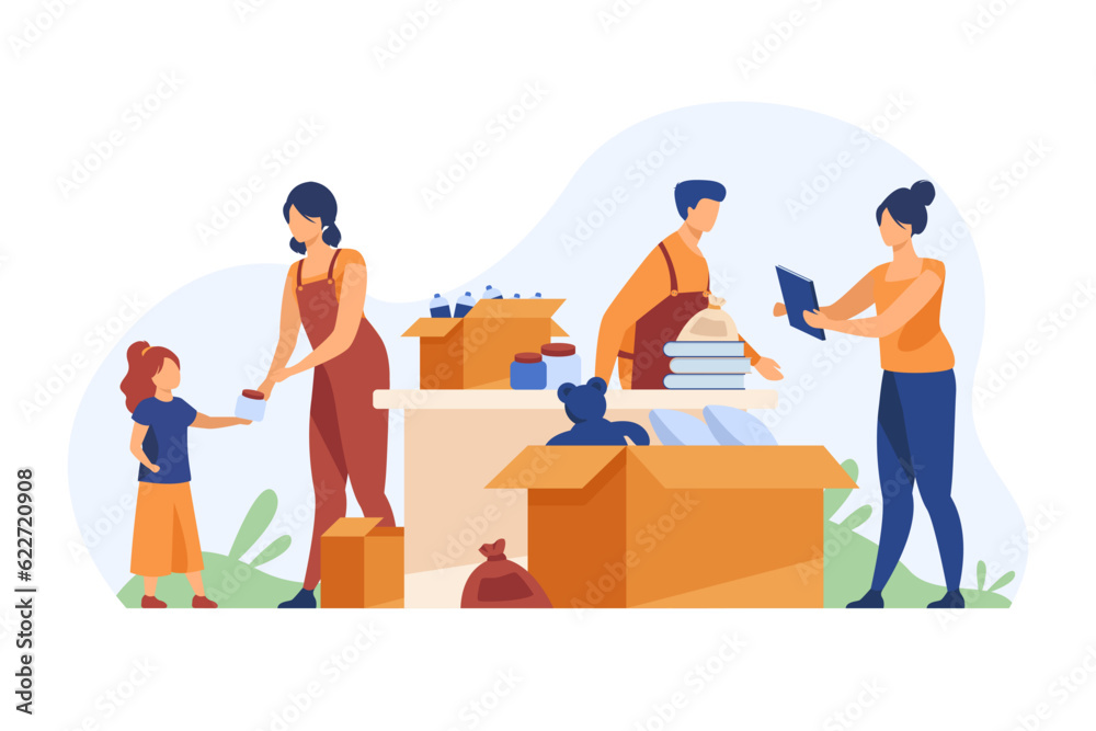 Volunteers donating books, toys and food vector illustration. Cartoon ...