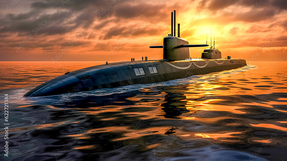 military submarine on the water surface of the ocean at sunset, banner ...