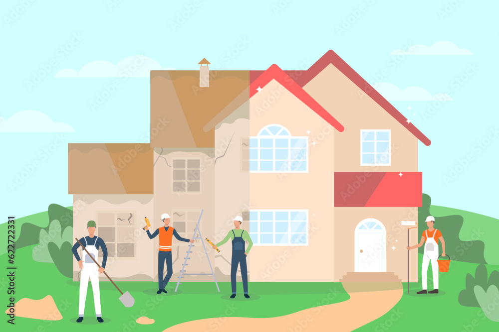Maintenance workers repairing old house vector illustration. Cartoon ...