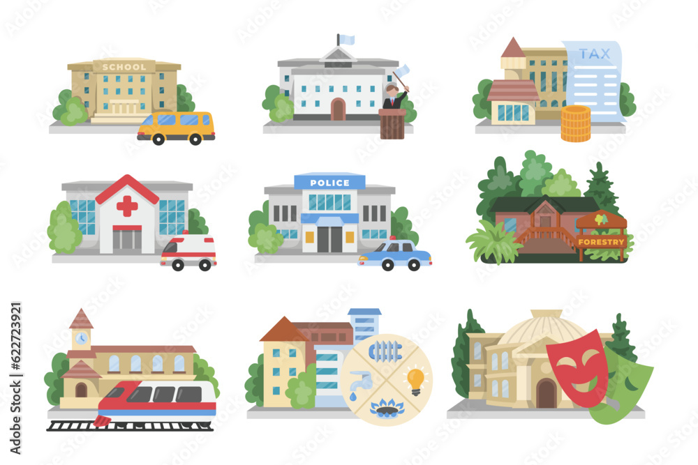 Different public service buildings vector illustrations set. Collection ...