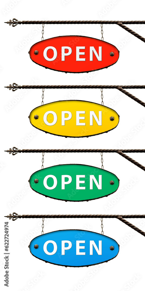 Collection of oval signs. Colored oval OPEN signs hang from a wrought ...