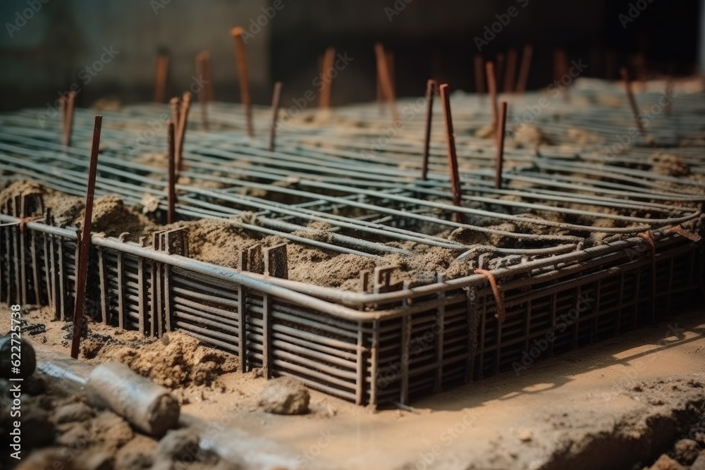 Reinforcement of concrete with metal rods connected by wire ...