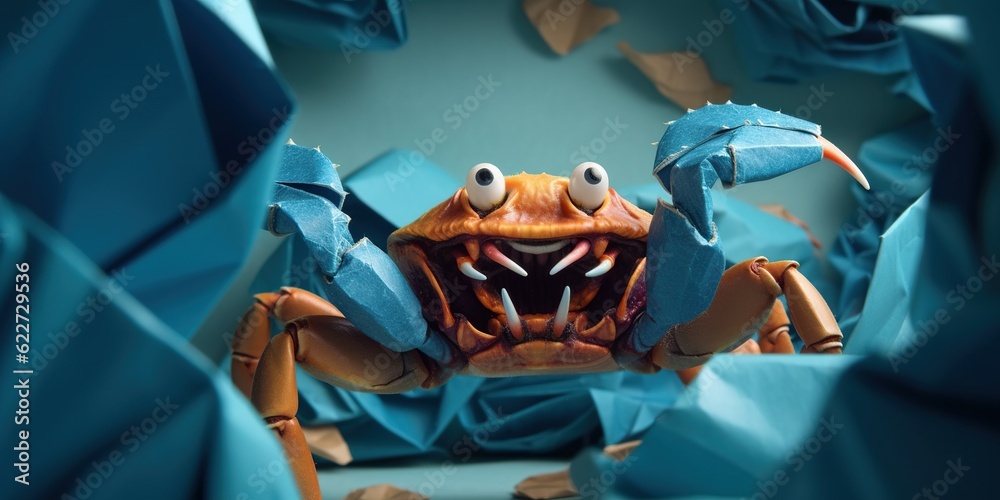 Angry crab threatens with claws while standing in a hole in blue paper ...