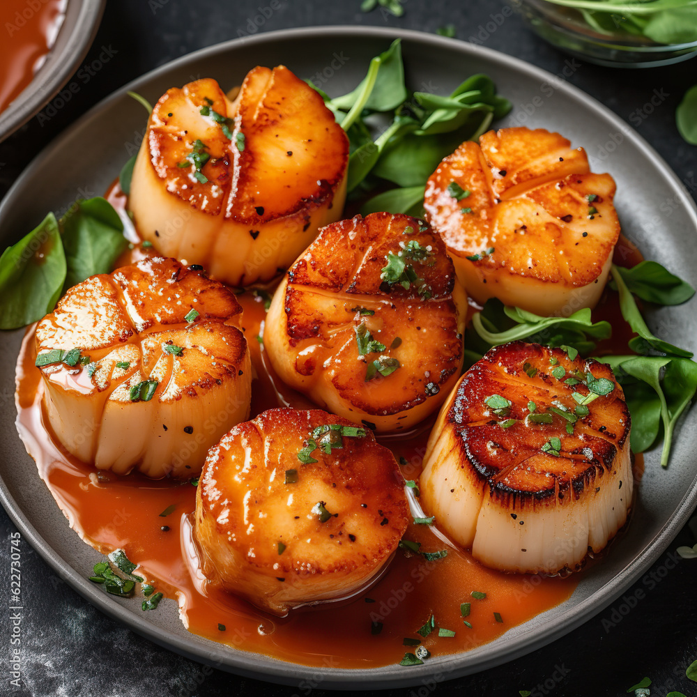Golden seared scallops in thick aromatic sauce with greens. A plate of ...