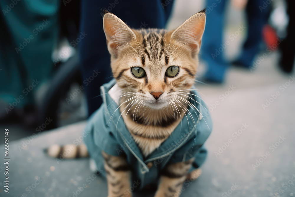 Fluffy cat dressed as a human on the street in a crowd of passersby ...