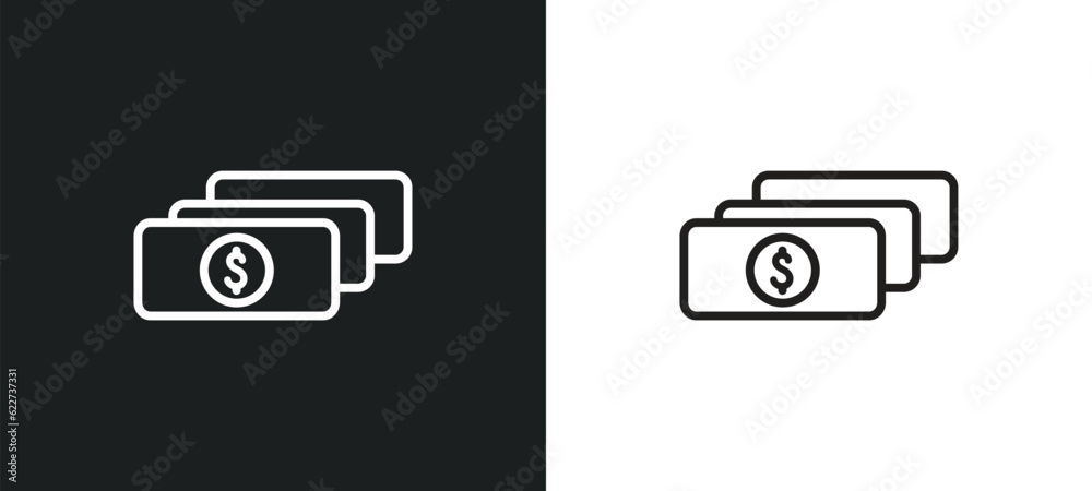 Vetor de dollar bill outline icon in white and black colors. dollar ...