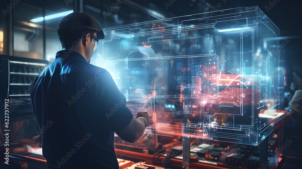 Showcasing predictive maintenance in factories, a factory worker views ...