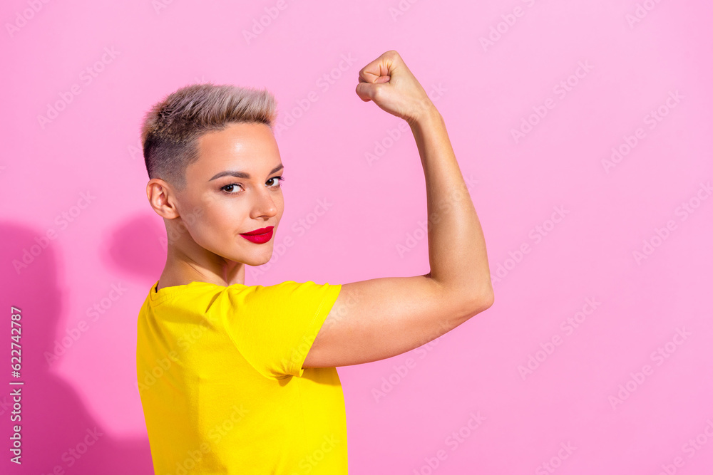 Profile portrait of nice positive lady arm showing flexing biceps empty ...