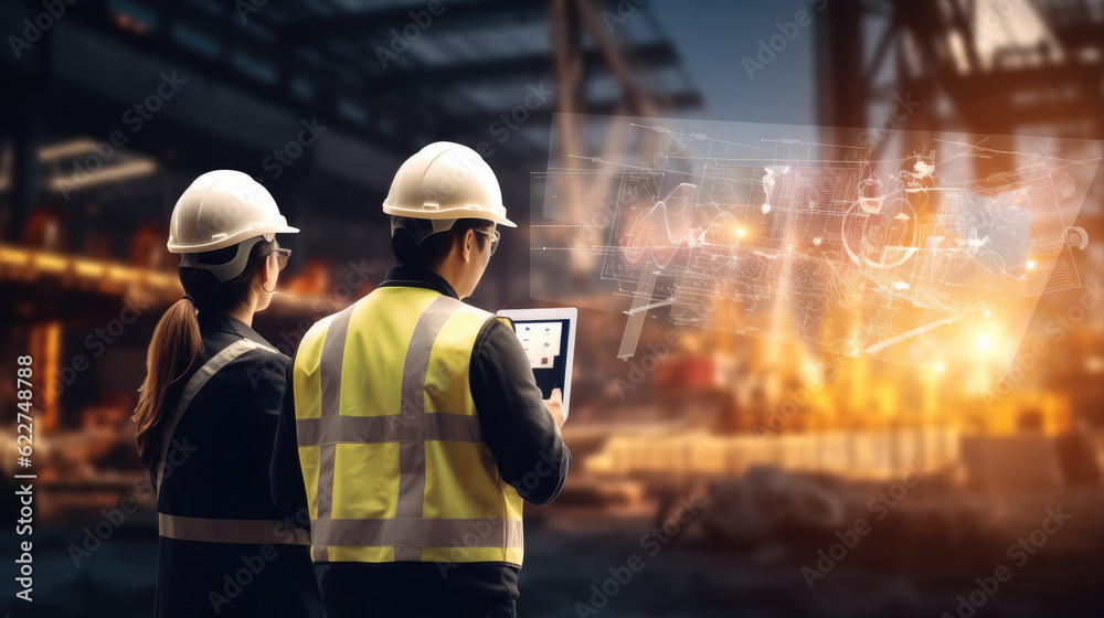 Engineer and Architect analyzing of under construction project with ...