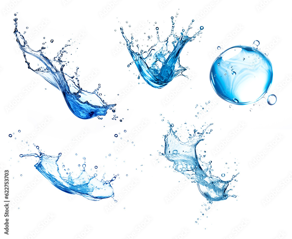 Water splash isolated on whit. 5 different layouts. Blue water separate ...