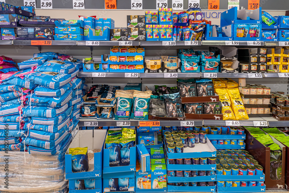 Italy - July 12, 2023: Dog and cat food of various types and brands ...