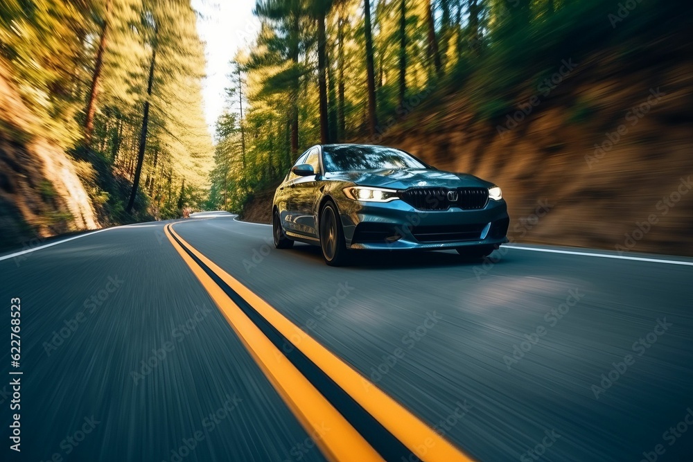 Metallic blue car driving through a serene forest surrounded by tall ...