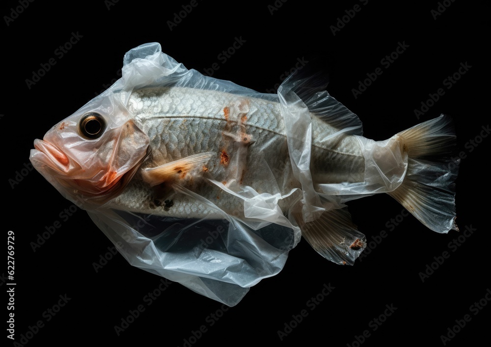 AI generated illustration of a dead fish in a plastic bag on a black ...