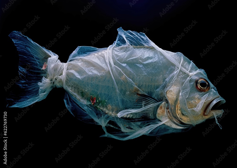 AI generated illustration of a dead fish in a plastic bag on a black ...