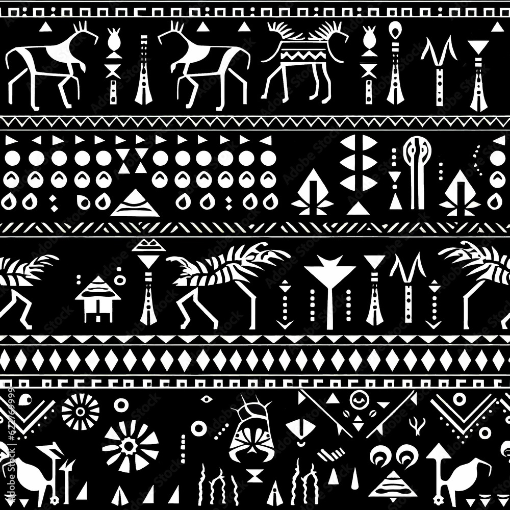 Seamless pattern featuring African art symbols on a deep black ...