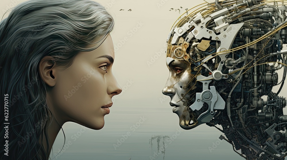 Human vs artificial intelligence in the future with white background ...