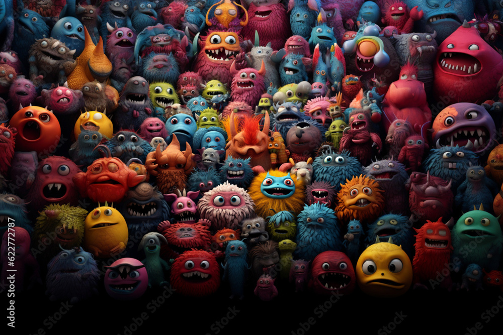 Many colorful cute alien monsters trapped and smushed together, scared ...