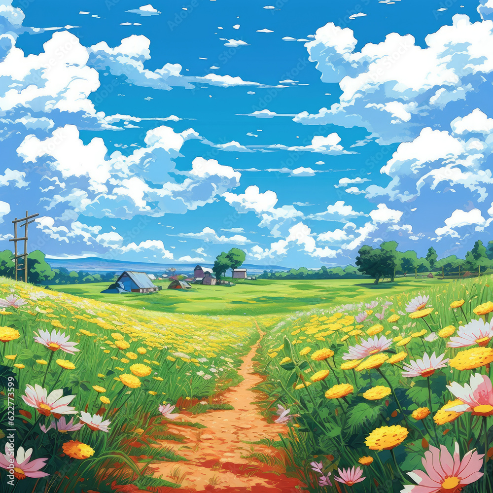 editorial illustration open field with flowers and clear blue sky with ...