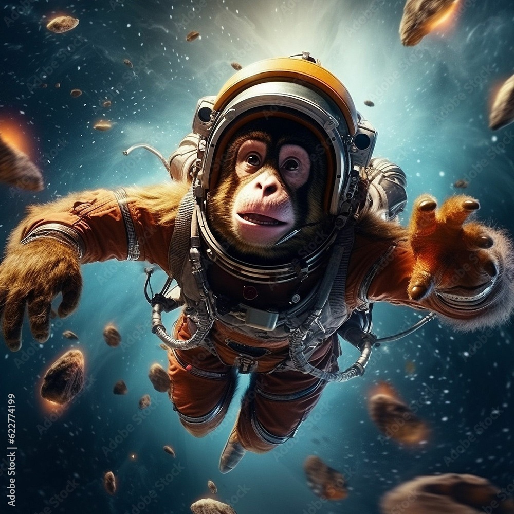 AI generated monkey wearing a space suit and helmet amidst an asteroid ...