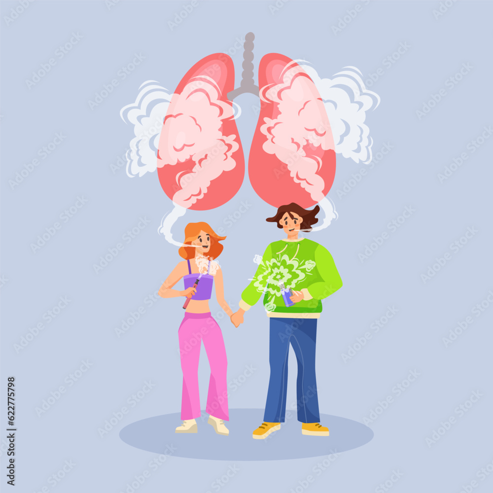 Huge lungs and happy teenage couple vaping vector illustration. Drawing ...