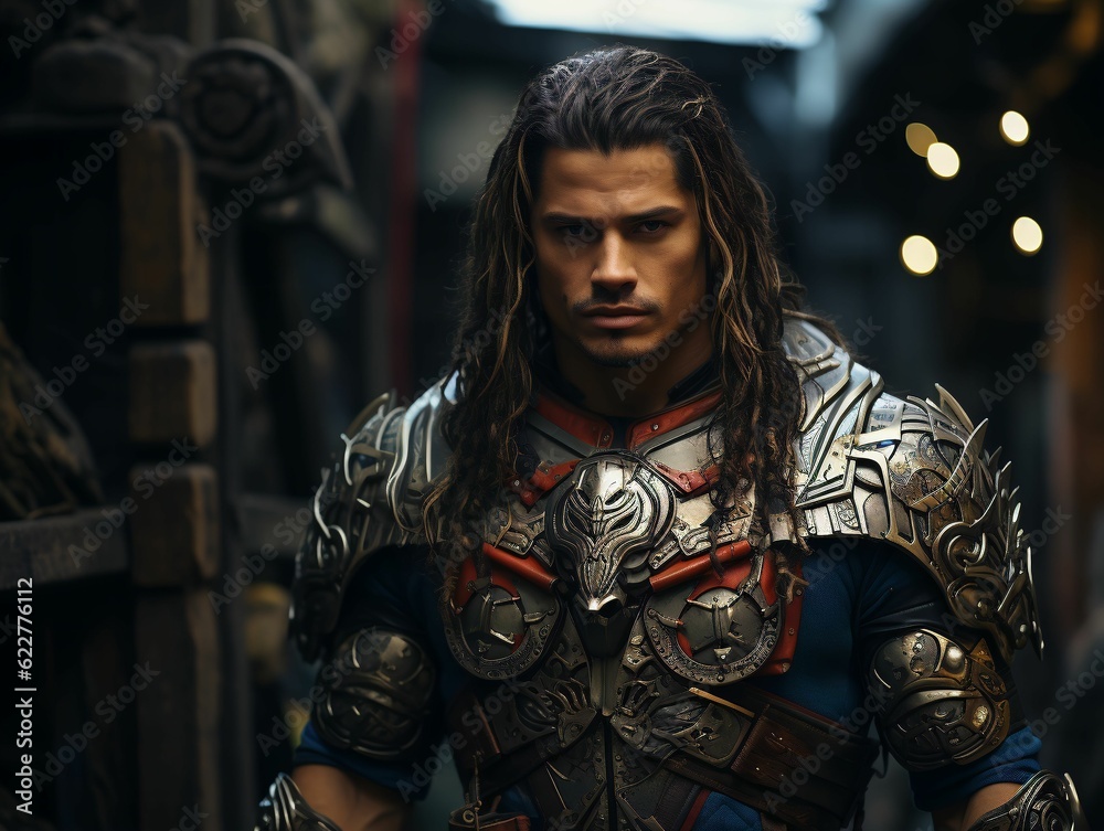 Strong, determined man with long hair wearing a full suit of armor, AI ...