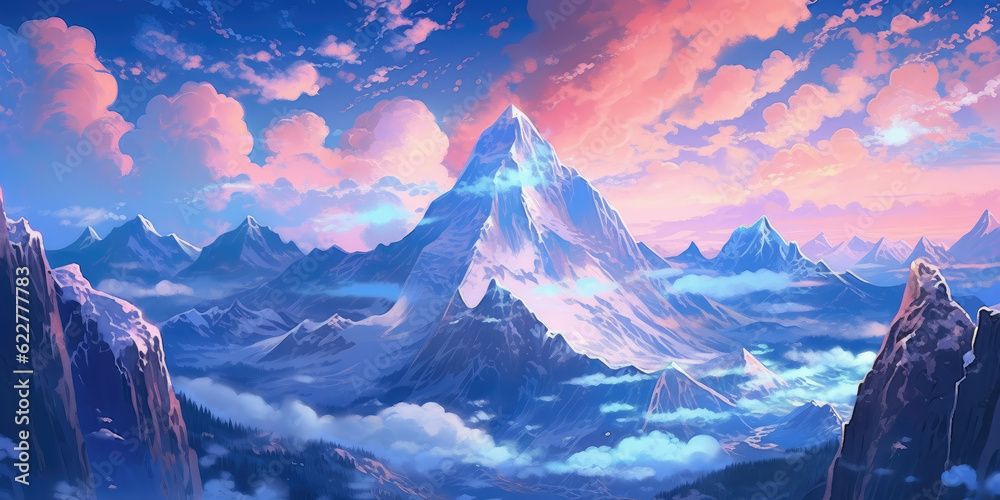 swiss alps in anime bokusai style with clear blue sky with light pink ...