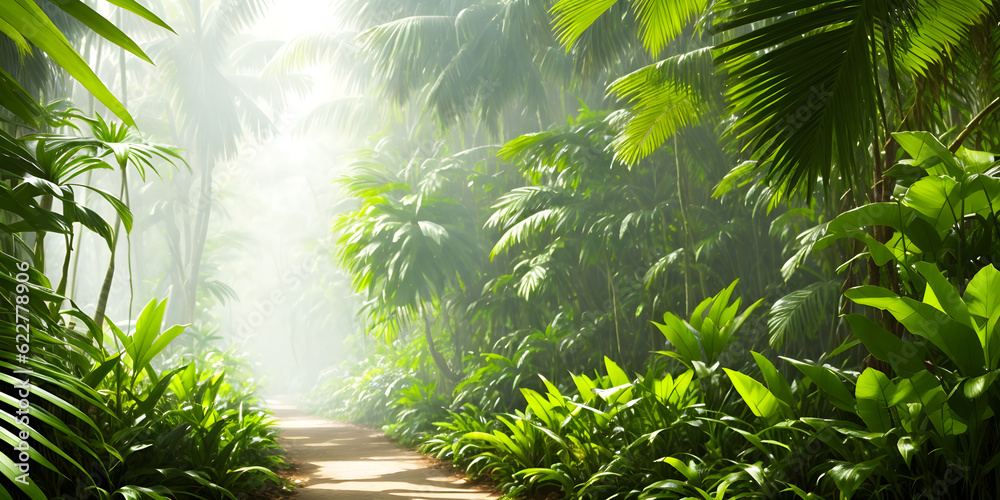 Beautiful wallpaper with a tropical landscape. Jungle with footpath ...